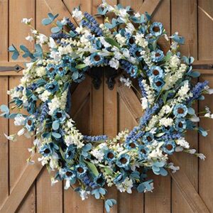 bibelot 20 inch spring wreath blue with green leaves daisy artificial grains white flower for front door wreath,farmhouse decor indoor&outdoor wedding wall home