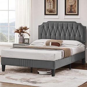 yaheetech full bed frame velvet upholstered platform bed with curved headboard, height-adjustable headboard/noise-free/wooden slats support/no box spring needed/easy assembly, dark gray full bed