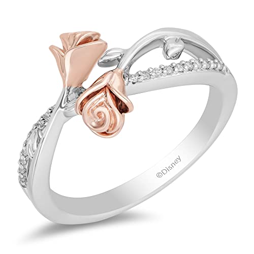 Jewelili Enchanted Disney Fine Jewelry 14K Rose Gold over Sterling Silver 1/10 Cttw Diamond Belle Rose Fashion Ring Size 5