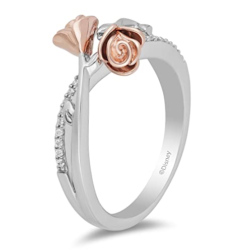 Jewelili Enchanted Disney Fine Jewelry 14K Rose Gold over Sterling Silver 1/10 Cttw Diamond Belle Rose Fashion Ring Size 5