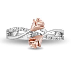 Jewelili Enchanted Disney Fine Jewelry 14K Rose Gold over Sterling Silver 1/10 Cttw Diamond Belle Rose Fashion Ring Size 5