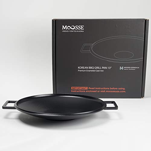 MOOSSE Premium Korean BBQ Grill Pan, Chosun Griddle, Enameled Cast Iron Grill for Induction Cooktop, Stove, Oven, No Seasoning Required, 13”