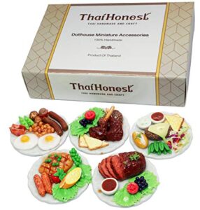 thaihonest set 5 assorted dollhouse miniature food with lamb ribs,tiny food on ceramic plate, dollhouse accessories for collectibles