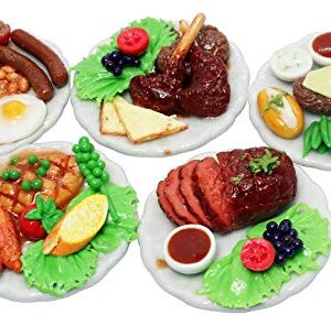 ThaiHonest Set 5 Assorted Dollhouse Miniature Food with Lamb Ribs,Tiny Food On Ceramic Plate, Dollhouse Accessories for Collectibles