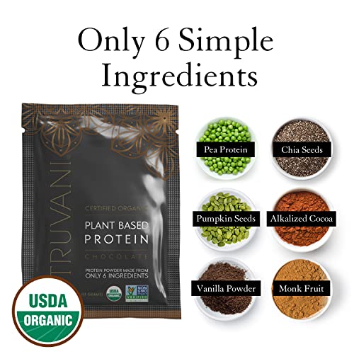 Truvani Organic Vegan Protein Powder Chocolate - 20g of Plant Based Protein, Organic Protein Powder, Pea Protein for Women and Men, Vegan, Non GMO, Gluten Free, Dairy Free (1 Serving)