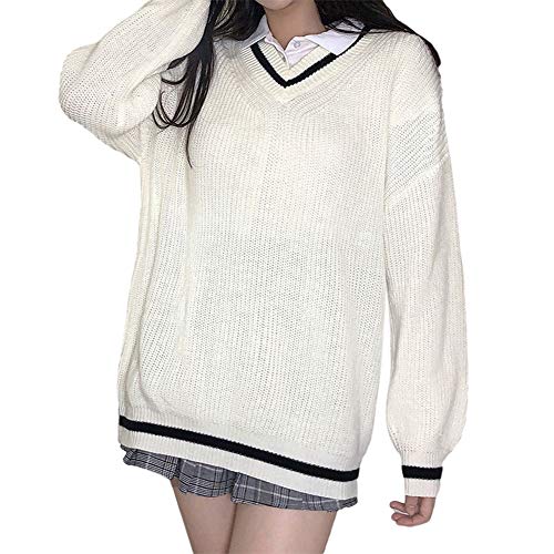 Women Color Block Sweater, Loose Knitted Long Sleeve V-Neck Warm Wool Pullover Sweater Tops (White, L)