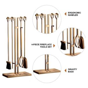 Fireplace Tools Set, 5 pcs Fireplace Accessories - Brass-Plated Poker, Shovel, Tongs & Brush. Easy-to-Assemble Fire Poker Set for Chimney with a Modern Design