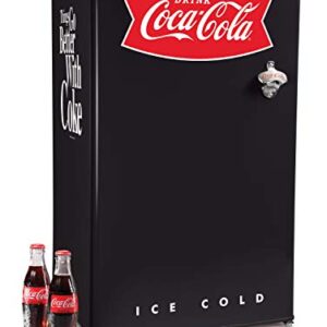 Nostalgia Coca-Cola Refrigerator with Freezer, 3.2 Cu. Ft., Adjustable Temperature Cools as Low as 32 Degrees, Bottle Opener, Ice Cube Tray, Scraper Included, Black