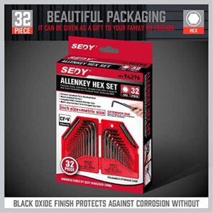 SEDY 32-Piece Hex Key Wrench Set, Metric and SAE Allen Wrenches (0.028-3/8 inch, 0.7-10 mm) L Shape Allen Keys, Chrome Vanadium Steelwith 2x Extension Handle