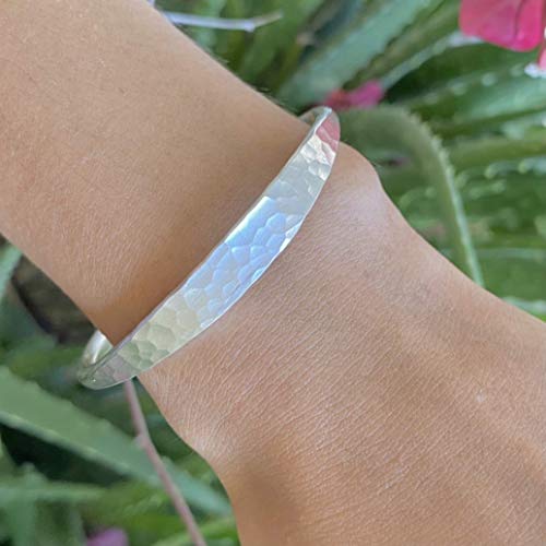 Hammered Sterling Silver Handmade Cuff Bracelet, Minimalist Simple Shiny Silver 1/4 inch Wide, 6 1/2 long, Thick and Solid, Gift for Her