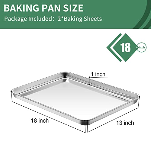 Baking Sheets Set of 2, HKJ Chef Cookie Sheets 2 Pieces & Stainless Steel Baking Pans & Toaster Oven Tray Pans, Rectangle Size 18 x 13 x 1 inch, Non Toxic & Healthy & Easy to Clean