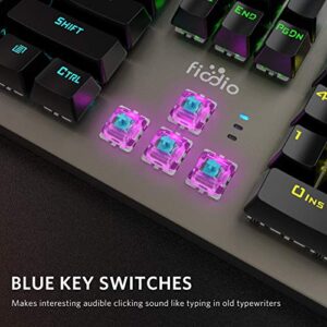 FIODIO Mechanical Gaming Keyboard, Wired RGB Rainbow Backlit Keyboard with Blue Switches, Ergonomic Standard Keyboard for Desktop, Computer, PC