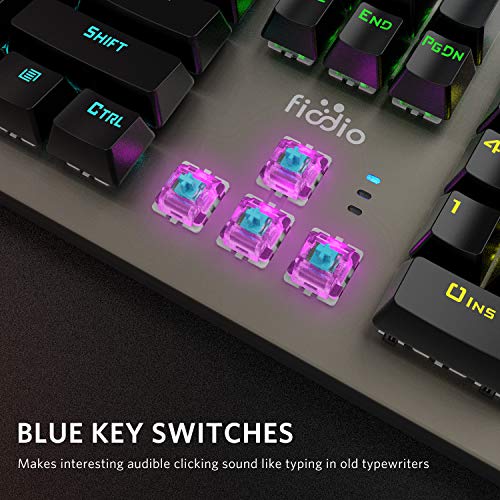 FIODIO Mechanical Gaming Keyboard, Wired RGB Rainbow Backlit Keyboard with Blue Switches, Ergonomic Standard Keyboard for Desktop, Computer, PC