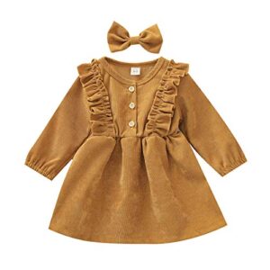 yqyja toddler baby girls fall winter corduroy ruffle long sleeve dress headband kids dresses (mustard yellow, 6-12 months)