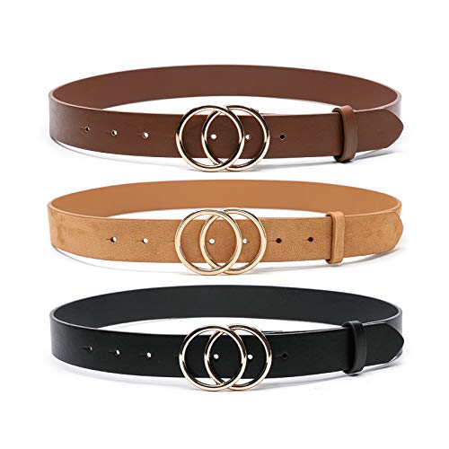 MORELESS 3 Pack Women's Faux Leather Belts for Jeans Dress Pants, Fashion Waist Belts with Double O-Ring Buckle Medium