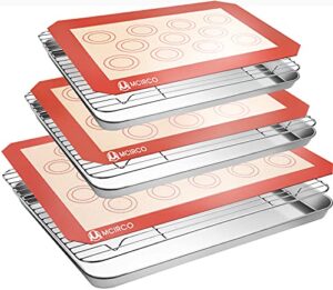 stainless steel baking sheet tray cooling rack with silicone baking mat set, cookie pan with cooling rack, set of 9 (3 sheets + 3 racks + 3 mats), non toxic, heavy duty & easy clean