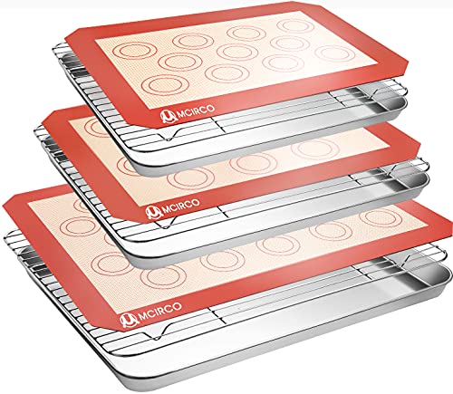 Stainless Steel Baking Sheet Tray Cooling Rack with Silicone Baking Mat Set, Cookie Pan with Cooling Rack, Set of 9 (3 Sheets + 3 Racks + 3 Mats), Non Toxic, Heavy Duty & Easy Clean