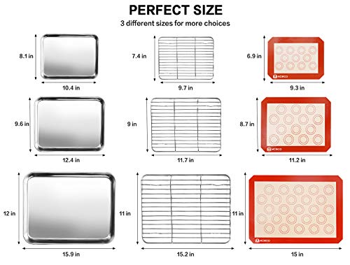 Stainless Steel Baking Sheet Tray Cooling Rack with Silicone Baking Mat Set, Cookie Pan with Cooling Rack, Set of 9 (3 Sheets + 3 Racks + 3 Mats), Non Toxic, Heavy Duty & Easy Clean