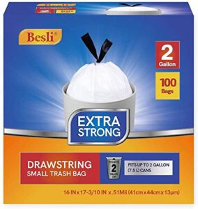 besli 2 gallon drawstring trash bag small garbage bag,100 counts(white, 2 gallon)