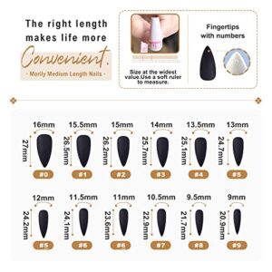 Morily 24pcs Fake Nails Matte Pure Color Medium Long Stiletto Almond Press on Nail False Tips Artificial Finger Manicure for Women and Girls (Black)