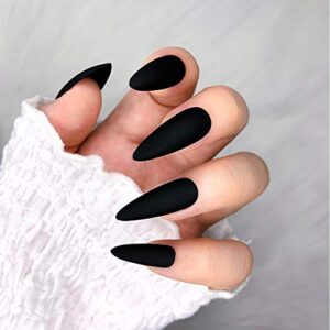 Morily 24pcs Fake Nails Matte Pure Color Medium Long Stiletto Almond Press on Nail False Tips Artificial Finger Manicure for Women and Girls (Black)