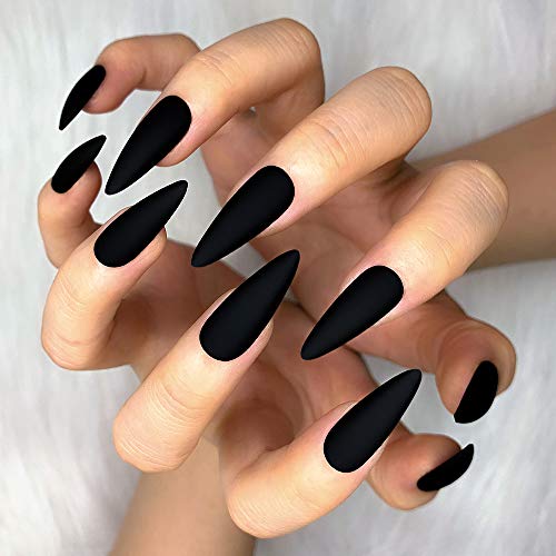 Morily 24pcs Fake Nails Matte Pure Color Medium Long Stiletto Almond Press on Nail False Tips Artificial Finger Manicure for Women and Girls (Black)