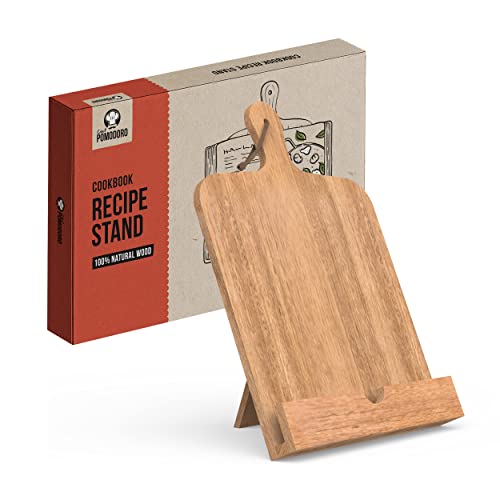 Chef Pomodoro Classic Cookbook Recipe Stand, 100% Natural Wood | Fits iPad Tablets and Cookbooks, Wooden Kickstand (Acacia Wood)