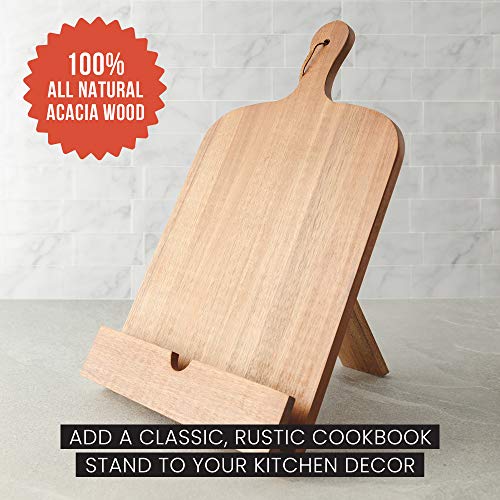 Chef Pomodoro Classic Cookbook Recipe Stand, 100% Natural Wood | Fits iPad Tablets and Cookbooks, Wooden Kickstand (Acacia Wood)