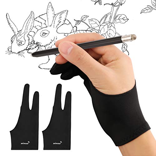 Mixoo Artist Gloves for Drawing Tablet 2 Pack - Palm Rejection Drawing Gloves with Two Fingers for Paper Sketching, iPad, Graphics Painting, Good for Left and Right Hand (S)