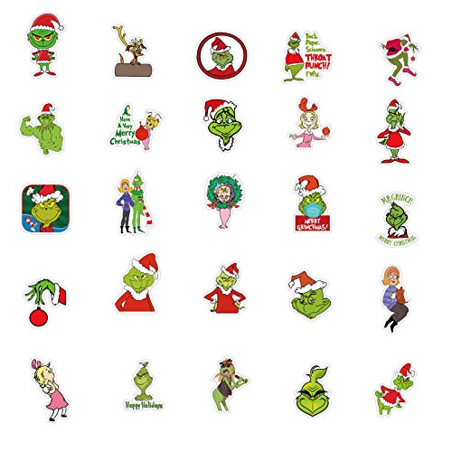 50 Pcs The Grinch Stickers Christmas Stickers for Car Laptop PVC Backpack Water Bottle Pad Bicycle Waterproof Decal Sticker Kids Toy/Grinch