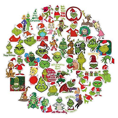 50 Pcs The Grinch Stickers Christmas Stickers for Car Laptop PVC Backpack Water Bottle Pad Bicycle Waterproof Decal Sticker Kids Toy/Grinch