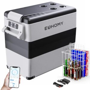 euhomy 12 volt car refrigerator,59 quart(55l) car fridge electric cooler app control,12v refrigerator -4℉~68℉ with 12/24v dc & 110-240v ac, portable refrigerator for camping, travel, rv, truck, home.