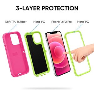 CAFEWICH Compatible with iPhone 12 Case/iPhone 12 Pro Case 6.1-Inch (2020), Heavy Duty Defender 3-Layer Rugged Shockproof Drop Protective Cover Phone Cases for iPhone 12/12Pro, Hot Pink Green