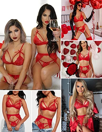 Avidlove Women Lingerie Set Lace Teddy Strap Babydoll Bodysuit with Garter Belts (S, 1 Christmas Red)