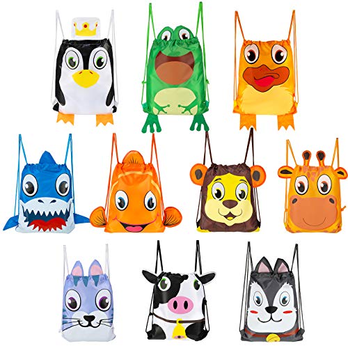 Zonon 10 Pieces Animal Drawstring Bags for Kids Drawstring Backpack Party Favors Cute Safari Farm Animal with Ear and Tail Bags for Kid Boys Birthday Party Baby Shower Treat Bags