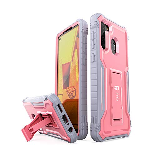 FITO Samsung Galaxy A21 Case, Dual Layer Shockproof Heavy Duty Case with Screen Protector for Samsung A21 Phone, Built-in Kickstand (Pink)