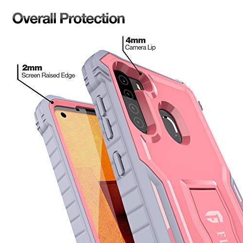 FITO Samsung Galaxy A21 Case, Dual Layer Shockproof Heavy Duty Case with Screen Protector for Samsung A21 Phone, Built-in Kickstand (Pink)