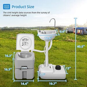 YITAHOME Portable Sink and Toilet, 17 L Hand Washing Station & 5.3 Gallon Flush Potty,for Outdoor,Camping, RV, Boat, Camper, Travel,Grey white