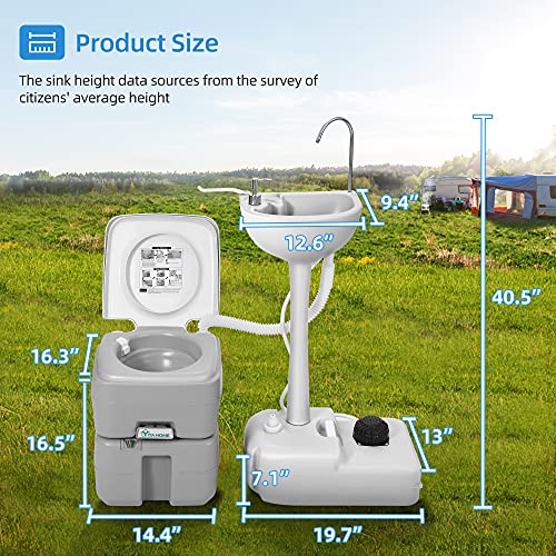 YITAHOME Portable Sink and Toilet, 17 L Hand Washing Station & 5.3 Gallon Flush Potty,for Outdoor,Camping, RV, Boat, Camper, Travel,Grey white