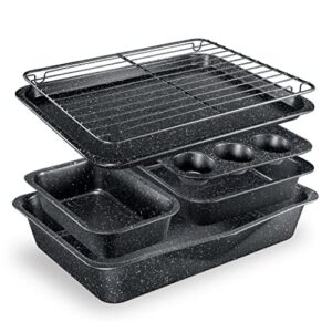 granitestone black 6 pc stackable bakeware set/baking pans set nonstick with oven pans + baking sheet set and wire rack, complete baking set for kitchen, oven/dishwasher safe, 100% non toxic