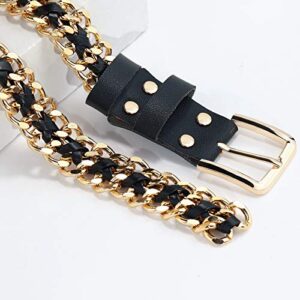 Glamorstar Gold Metal Punk Belts Leather Chain Waist Belt for Women Dresses Gold Black 135CM/53.1IN