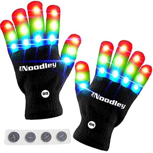 The Noodley Thin Flashing LED Light Gloves Kids and Teen Sized with Extra Batteries Finger Toy Cosplay Halloween Costume Accessory Boys and Girls - Ages 8-12 (Medium, Black)