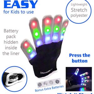 The Noodley Thin Flashing LED Light Gloves Kids and Teen Sized with Extra Batteries Finger Toy Cosplay Halloween Costume Accessory Boys and Girls - Ages 8-12 (Medium, Black)