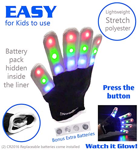 The Noodley Thin Flashing LED Light Gloves Kids and Teen Sized with Extra Batteries Finger Toy Cosplay Halloween Costume Accessory Boys and Girls - Ages 8-12 (Medium, Black)