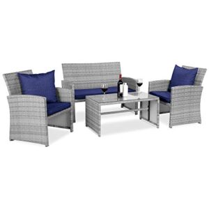 best choice products 4-piece outdoor wicker patio conversation furniture set for backyard, deck, poolside w/coffee table, seat cushions - gray wicker/navy cushions