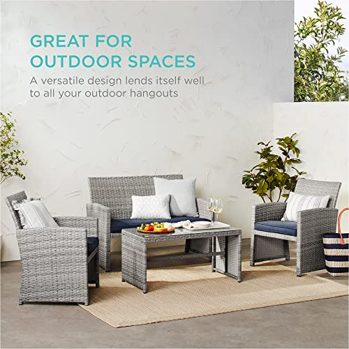 Best Choice Products 4-Piece Outdoor Wicker Patio Conversation Furniture Set for Backyard, Deck, Poolside w/Coffee Table, Seat Cushions - Gray Wicker/Navy Cushions