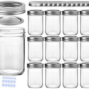 KAMOTA DIY Glass Mason Jars With Bands, 8 oz, Ideal for Jam, Spice, Honey, Wedding , Shower Favors, 12 PACK, Extra 12 Regular Lids & 20 Whiteboard Labels