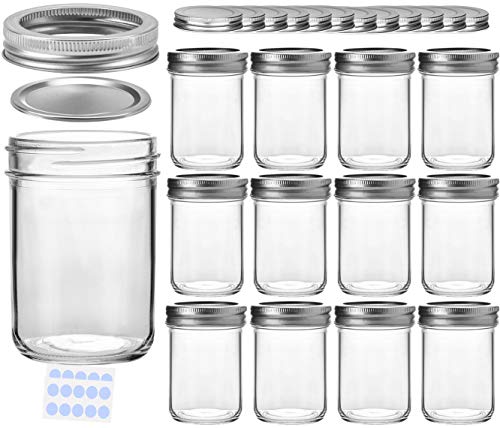 KAMOTA DIY Glass Mason Jars With Bands, 8 oz, Ideal for Jam, Spice, Honey, Wedding , Shower Favors, 12 PACK, Extra 12 Regular Lids & 20 Whiteboard Labels