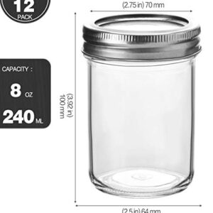 KAMOTA DIY Glass Mason Jars With Bands, 8 oz, Ideal for Jam, Spice, Honey, Wedding , Shower Favors, 12 PACK, Extra 12 Regular Lids & 20 Whiteboard Labels