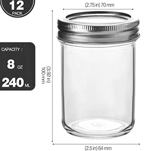 KAMOTA DIY Glass Mason Jars With Bands, 8 oz, Ideal for Jam, Spice, Honey, Wedding , Shower Favors, 12 PACK, Extra 12 Regular Lids & 20 Whiteboard Labels